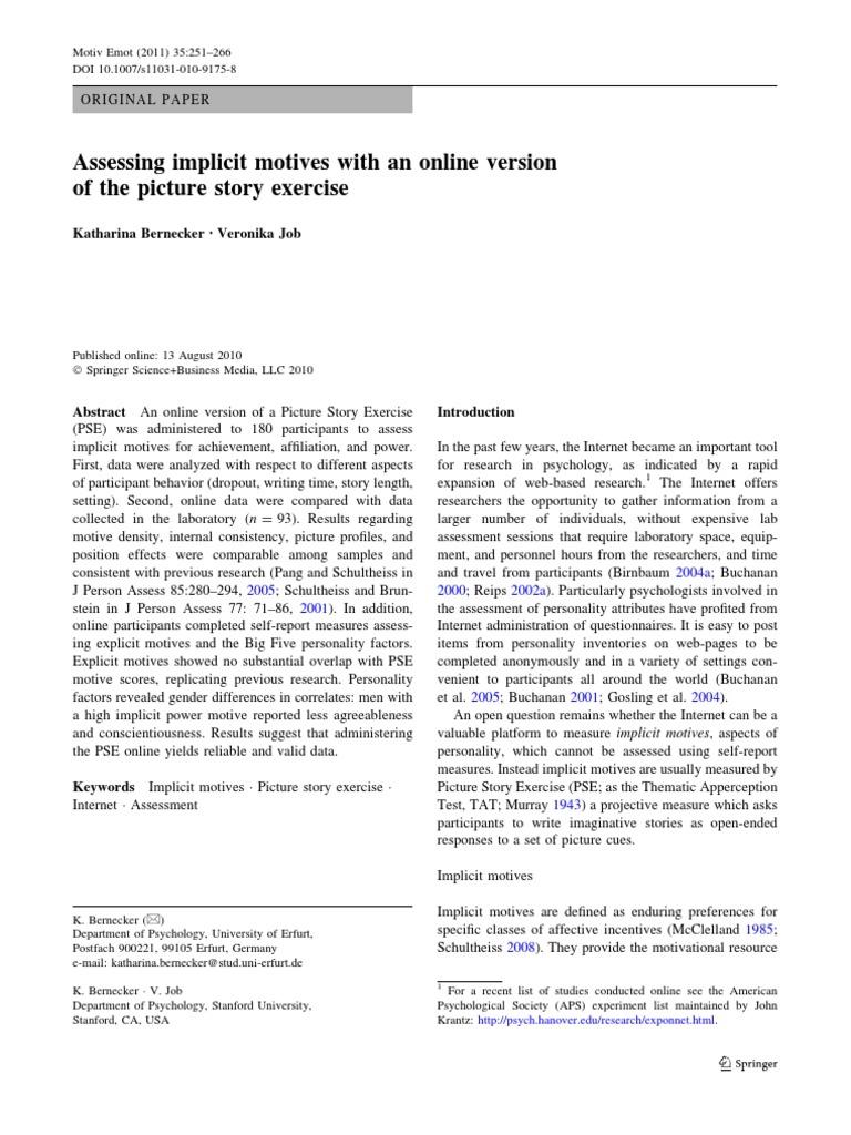 Assessing Implicit Motives With An Online Version | Download Free PDF ...