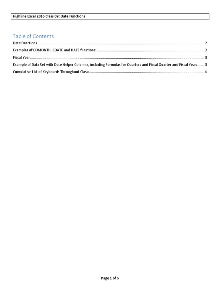 Highline Excel 2016 Class 09 Date Functions Pdf Control Key Computer Keyboard