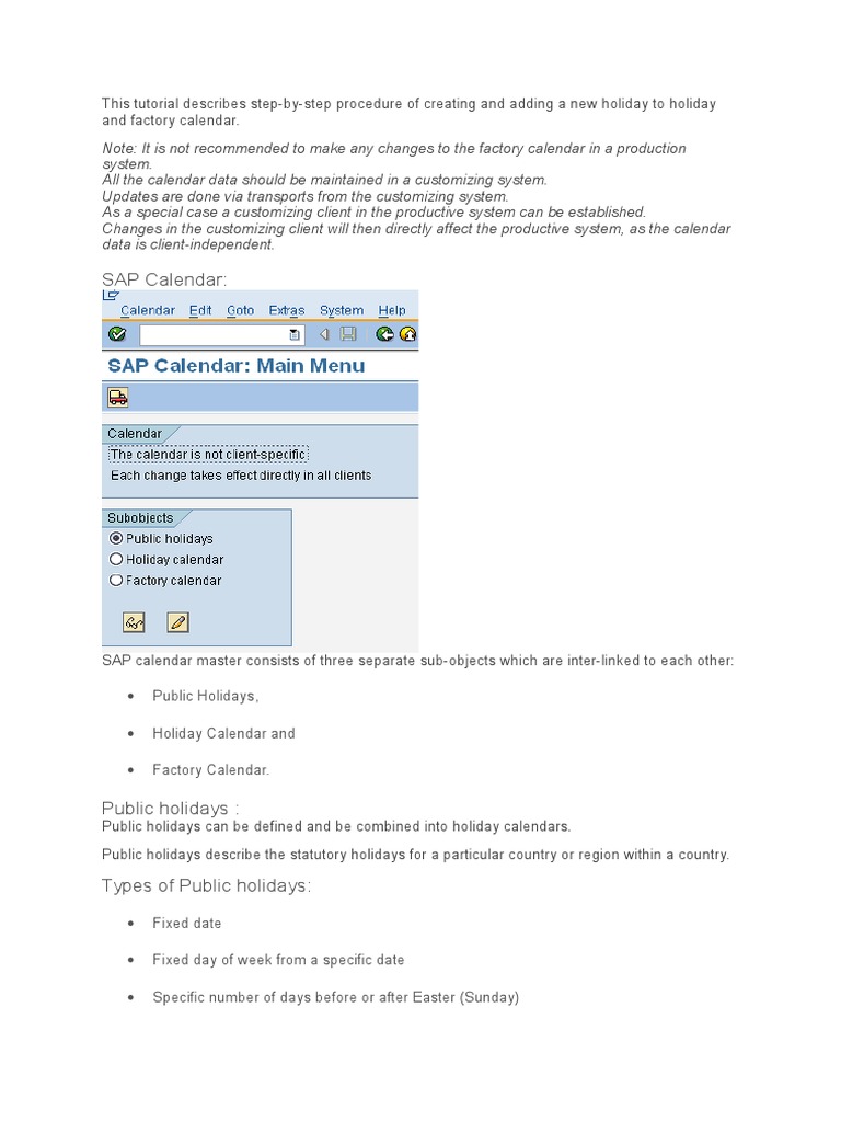 SAP Calendar:: Public Holidays, Holiday Calendar and Factory Calendar | PDF