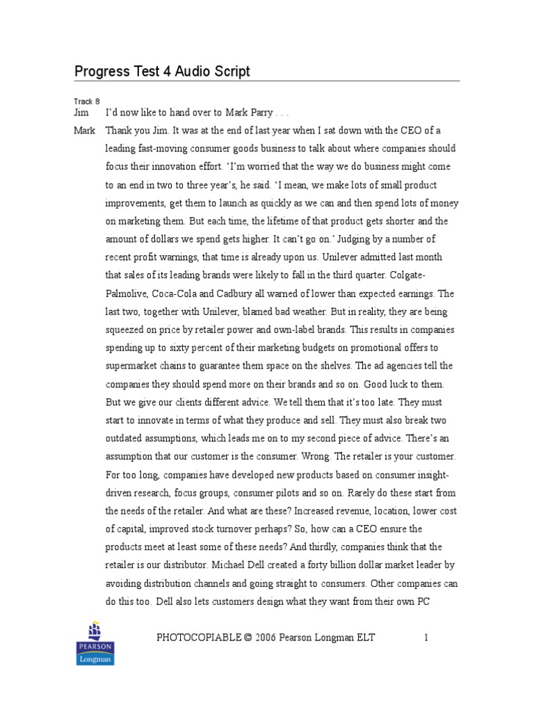 Progress Test 4 Audio Script: Track 8 | PDF | Retail | Economic ...