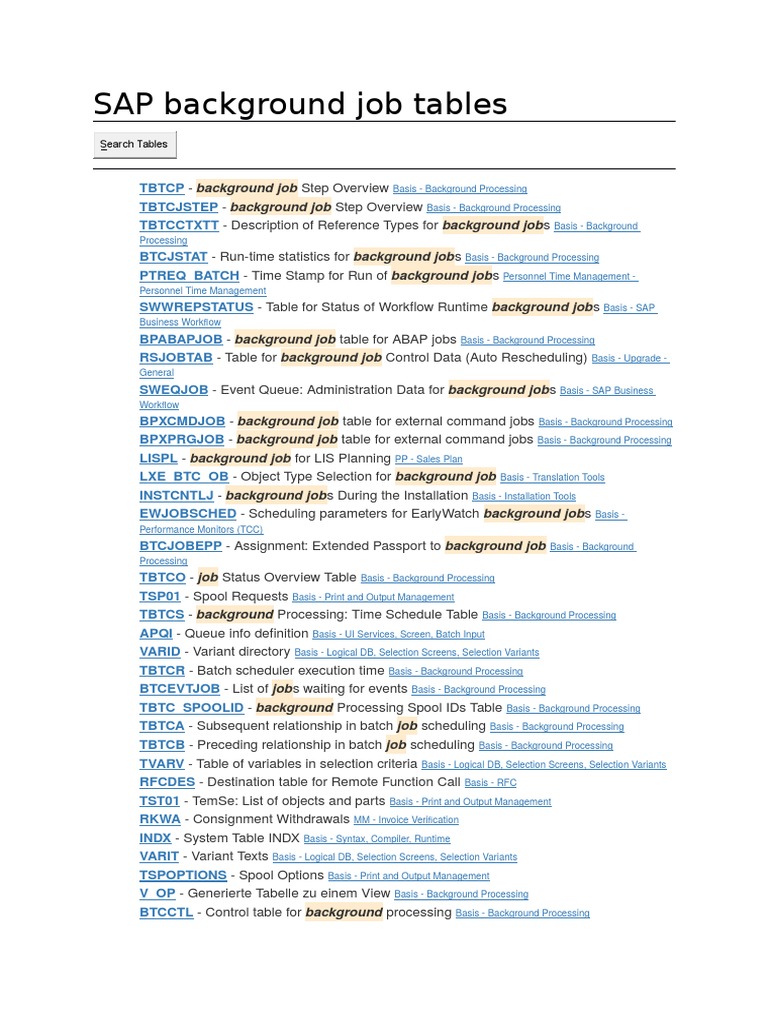 SAP Background Job Tables | PDF | Computing Infrastructure | Operating System Technology