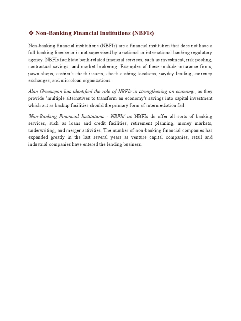 Non-Banking Financial Institutions (Nbfis) | PDF