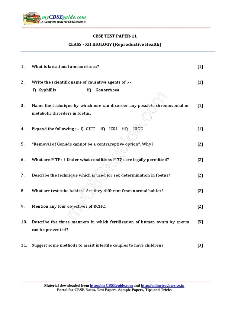 12 Biology Sexual Reproduction Test 11 PDF | PDF