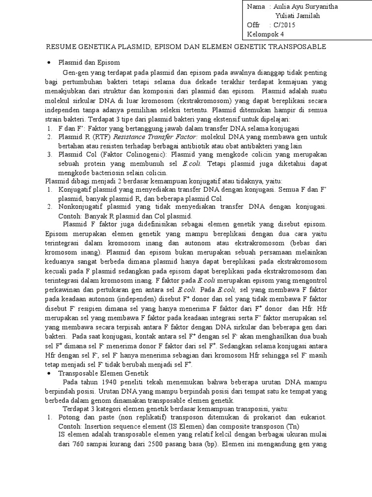 Plasmid, Episom, dan Transposon Genetik | PDF