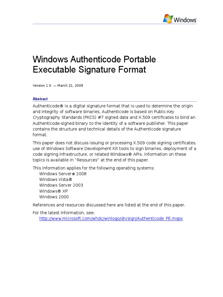 Windows Authenticode Portable Executable Signature Format: Version 1.0 ...