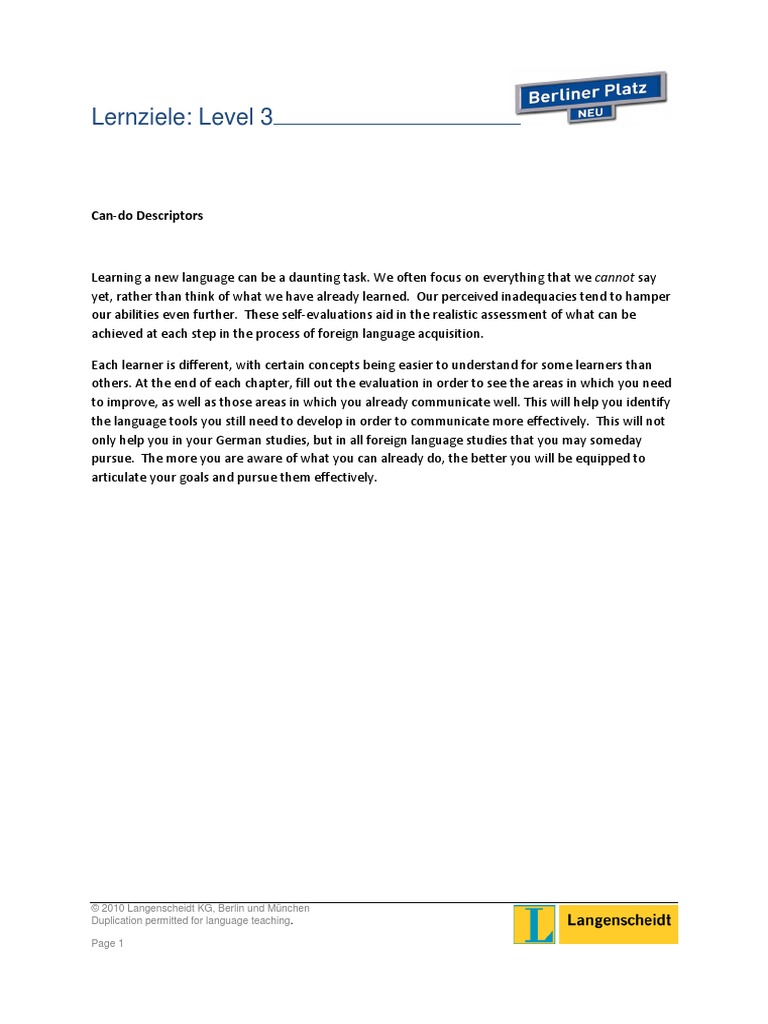Lernziele: Level 3: Can-Do Descriptors | PDF | Language Education ...