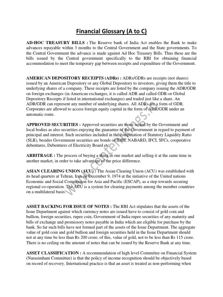 Financial Glossary A To C | PDF | Reserve Bank Of India | Capital ...