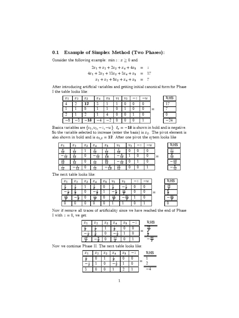 0.1 Example of Simplex Method (Two Phases) | PDF | Analysis | Numerical Analysis