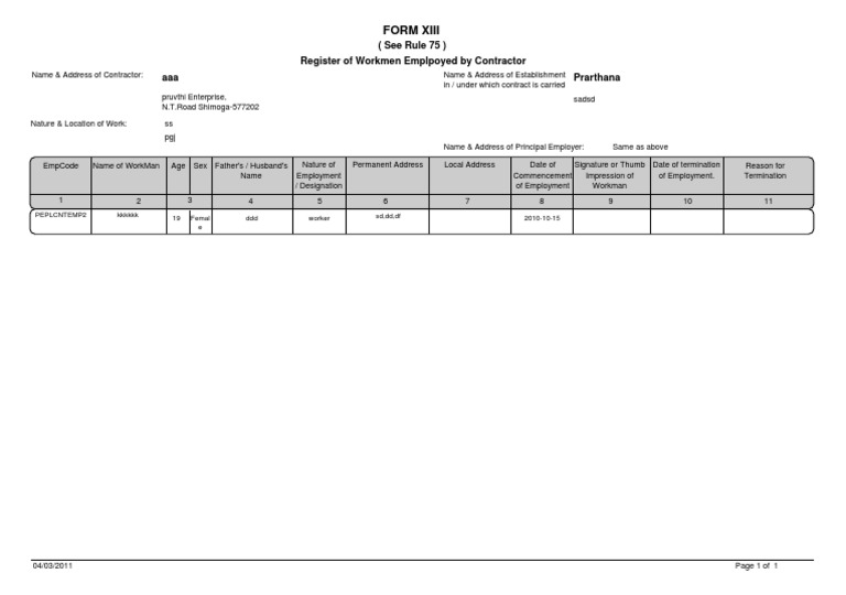 Form Xiii: (See Rule 75) Register of Workmen Emplpoyed by Contractor ...