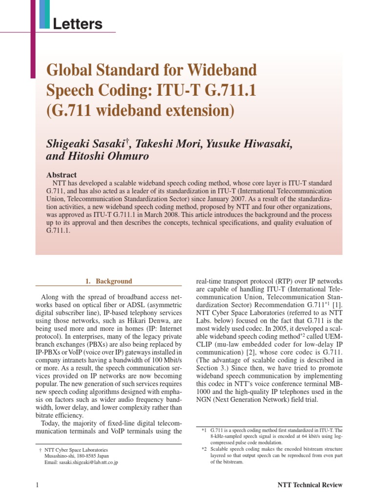 Global Standard For Wideband Speech Coding: ITU-T G.711.1 (G.711 Wideband Extension) | PDF ...