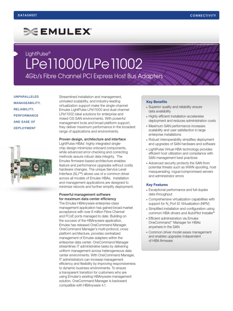 Emulex LPe11000 LPe11002 4Gbps FC PCIe HBA Datasheet | PDF ...