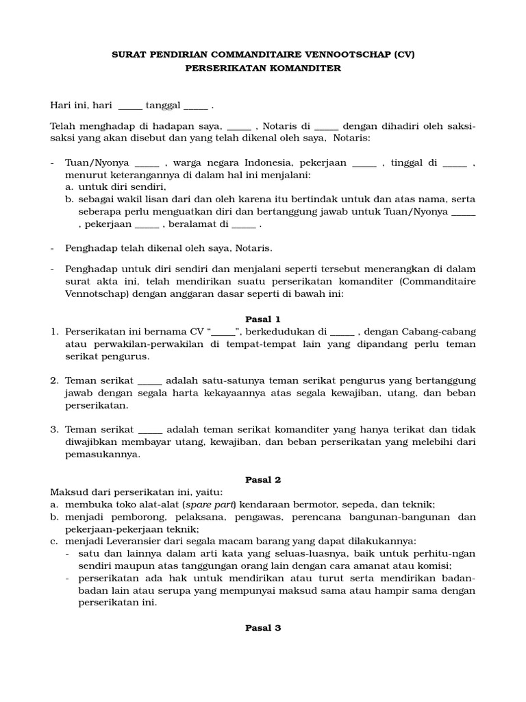 Contoh Surat Perjanjian Pendirian Commanditaire Vennootschap (CV) Resmi ...