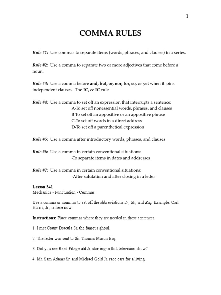 Comma Rules: Lesson 341 | PDF