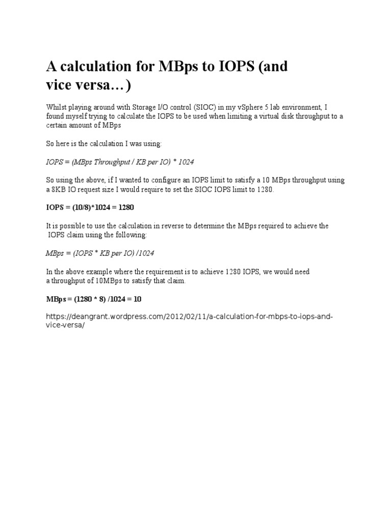 A Calculation For MBps To IOPS | PDF