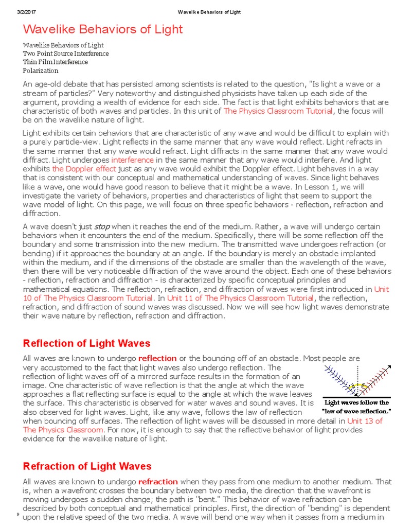 Wavelike Behaviors of Light | PDF | Reflection (Physics) | Diffraction