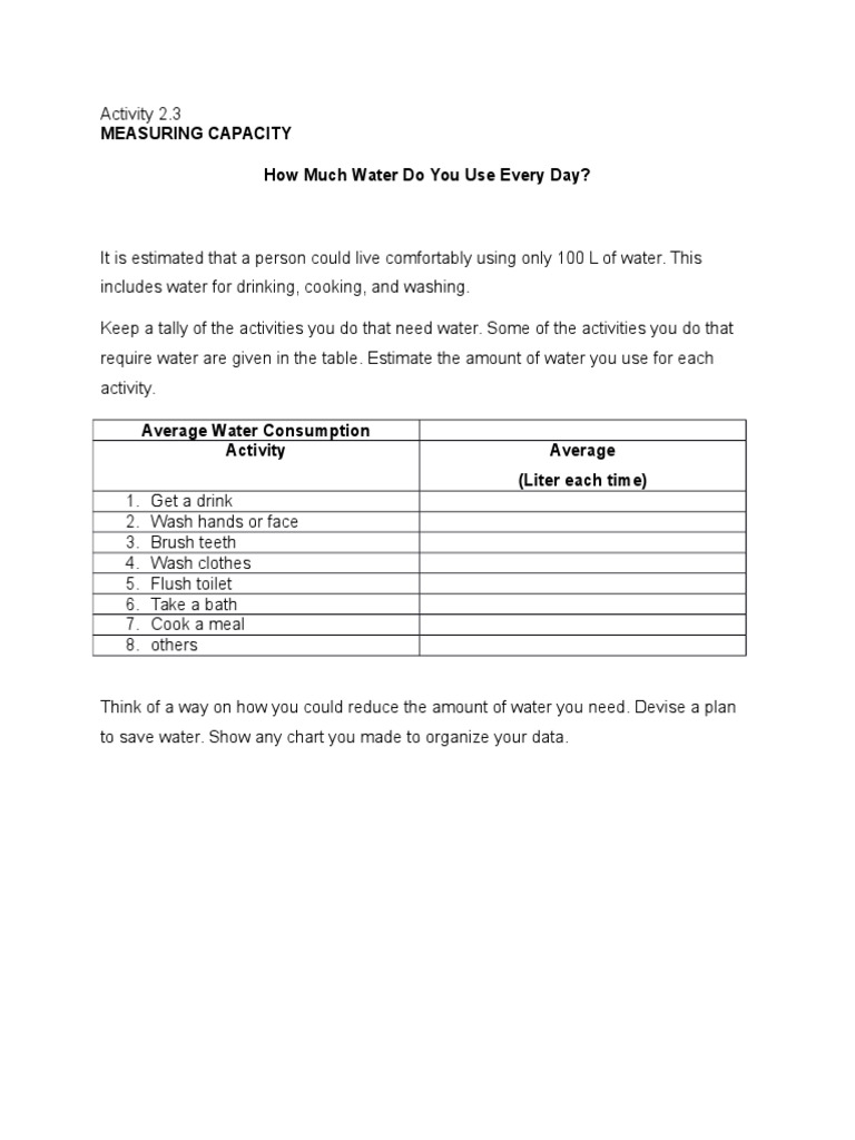 Measuring Capacity How Much Water Do You Use Every Day? | PDF