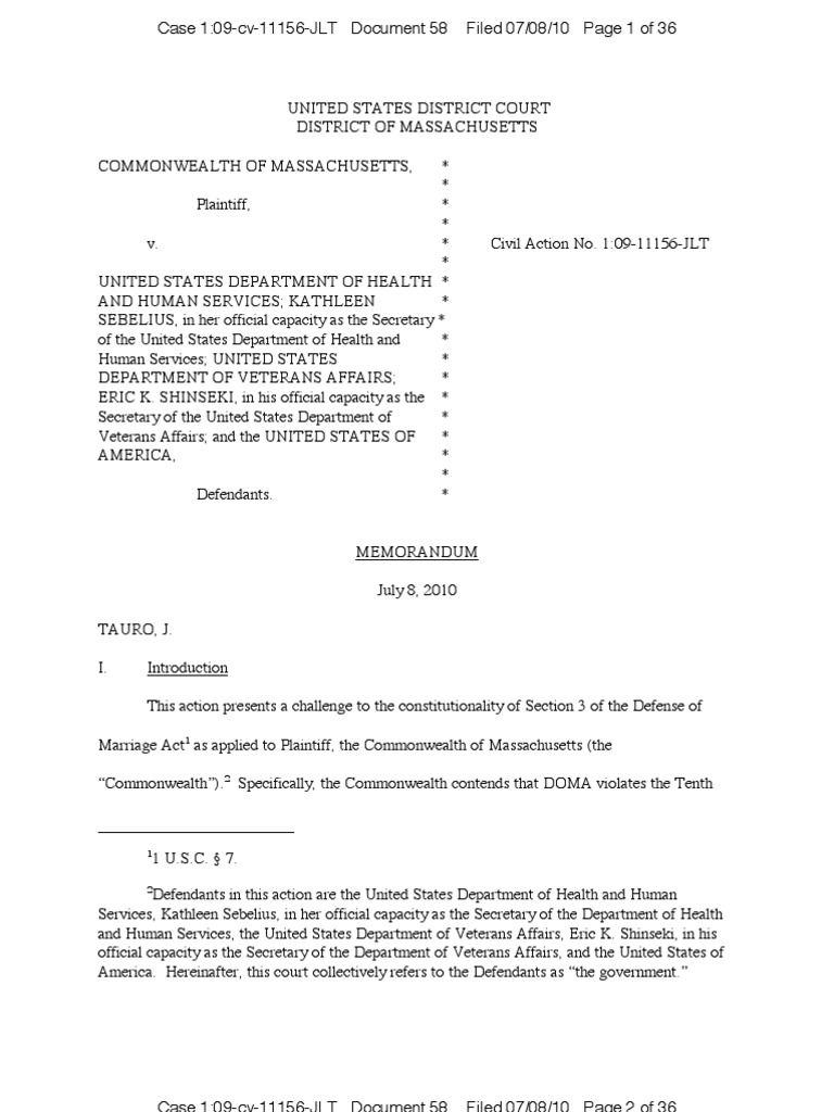 DOMA Decision in Mass AG Case | PDF | Defense Of Marriage Act | Anti ...