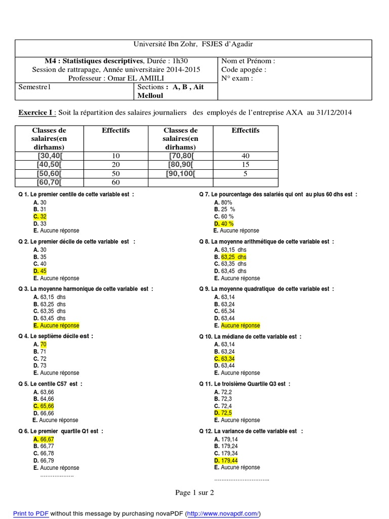 Corrigé QCM S1-Ait Melloul - Section AB-ELAMILI PDF | PDF