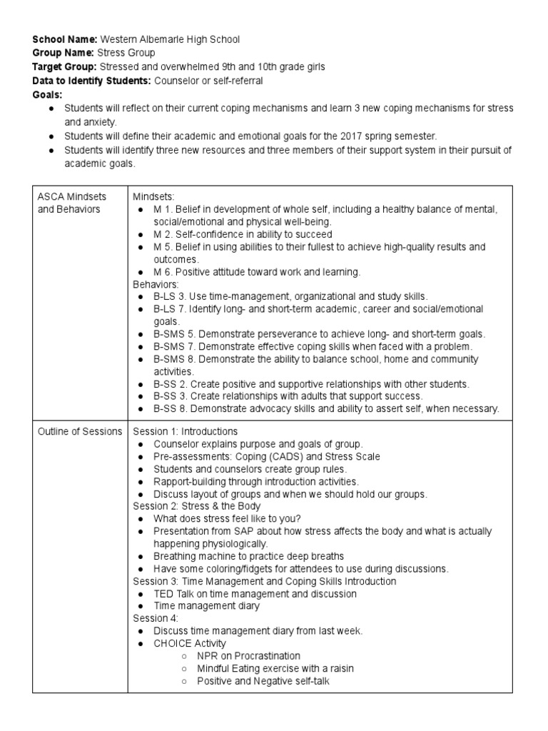 stress small group lesson plans - google docs | Coping (Psychology ...