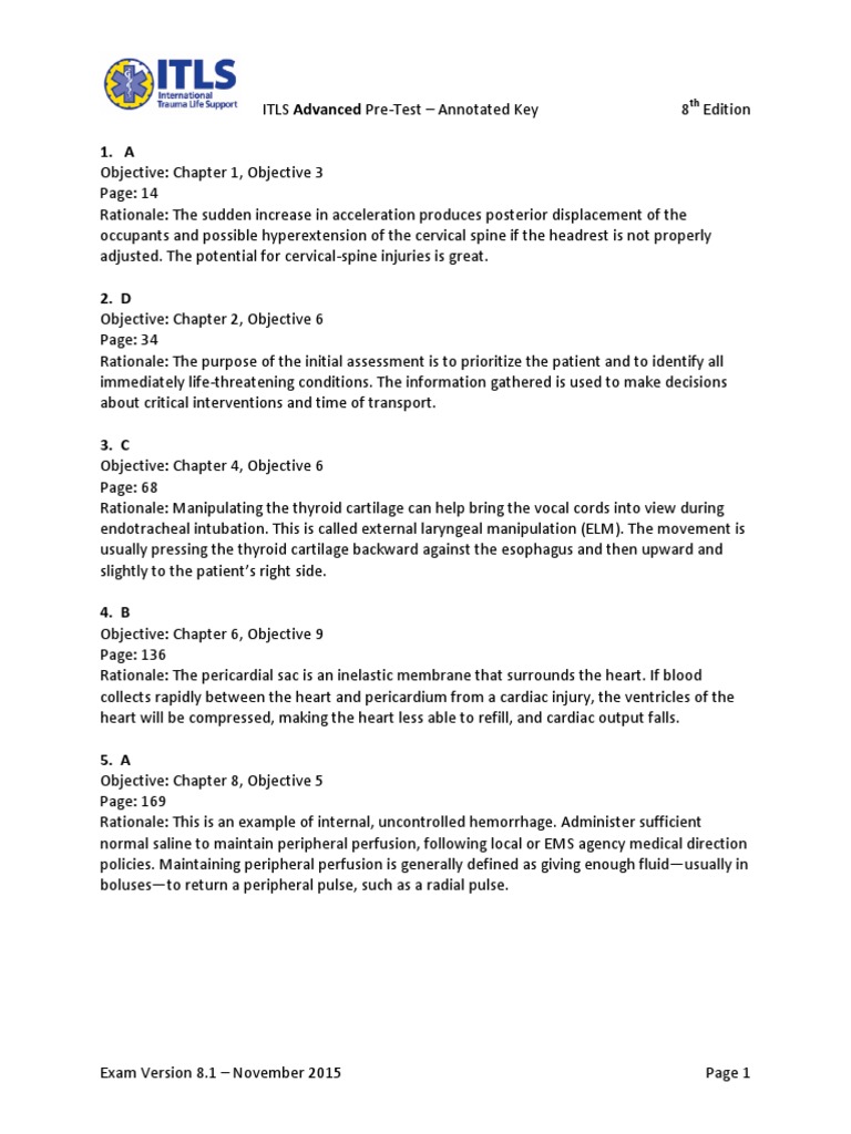 ITLS Pre-Test Key for EMS Professionals | PDF | Major Trauma ...