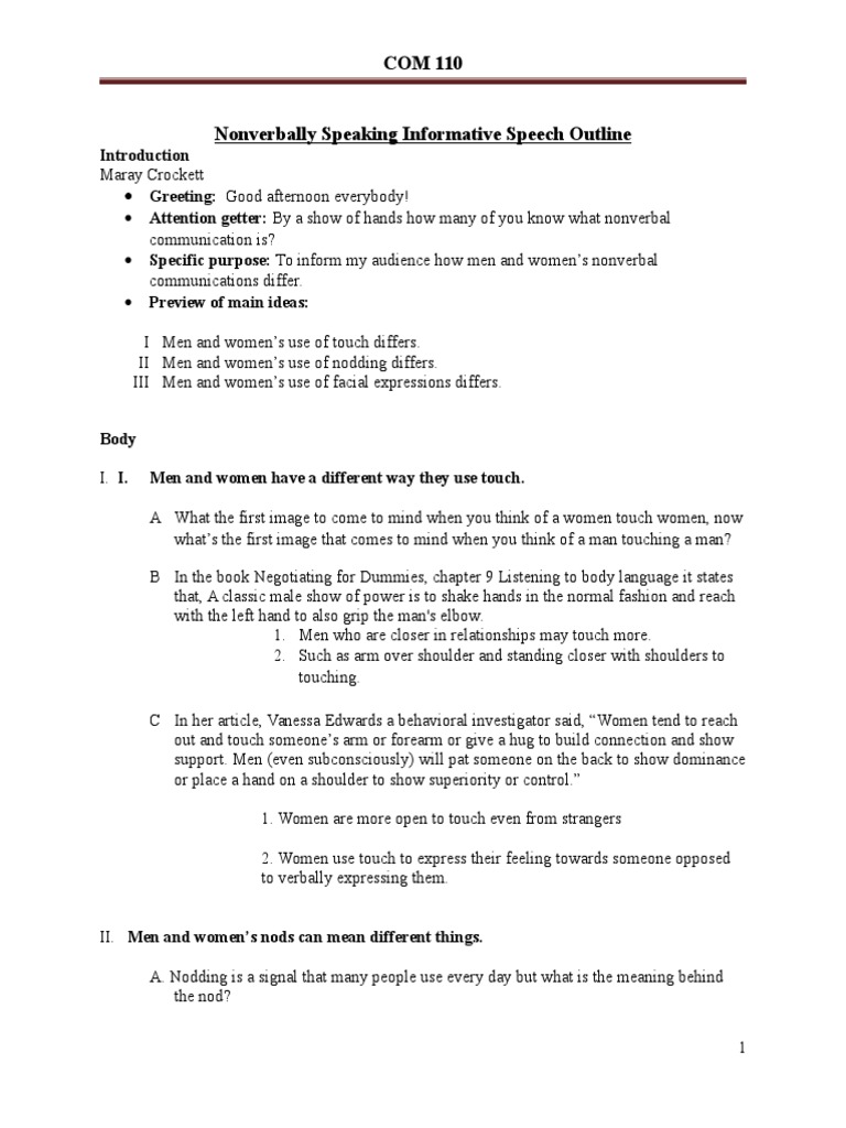 Com110 Full Sentence Outline | PDF | Nonverbal Communication ...