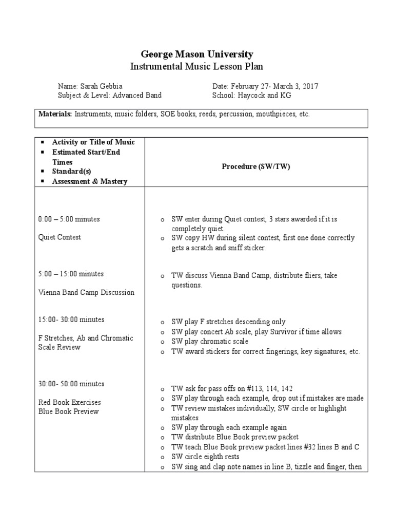 Instrumental Music Lesson Plan: George Mason University | PDF