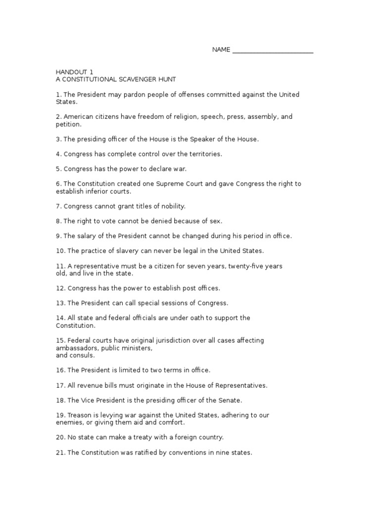 Constitutional Scavenger Hunt Guide | PDF | Presidents Of The United ...