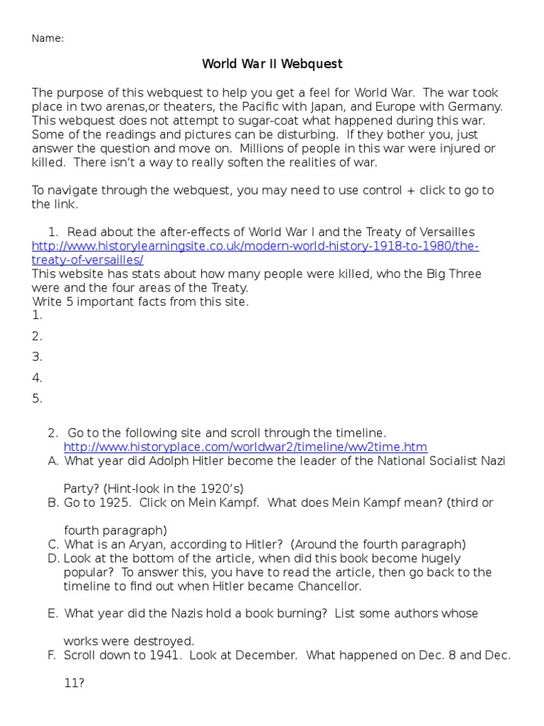 World War II Webquest: Treaty-Of-Versailles | PDF | Politics
