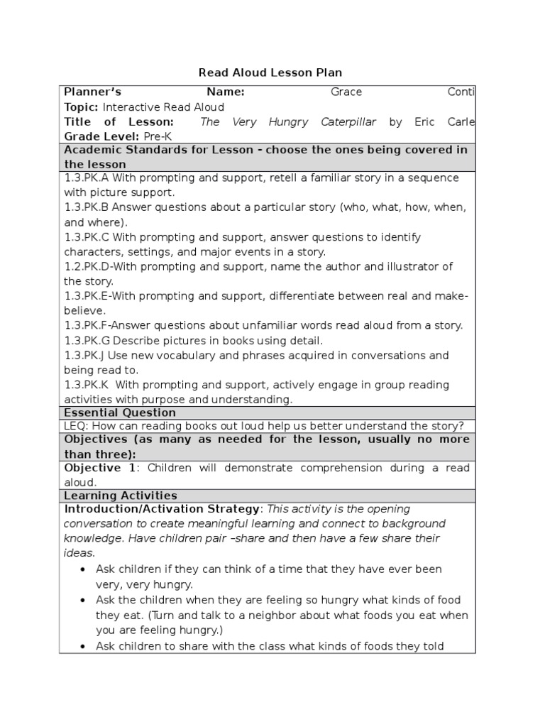 Read Aloud Lesson Plan | PDF | Reading Comprehension | Educational ...