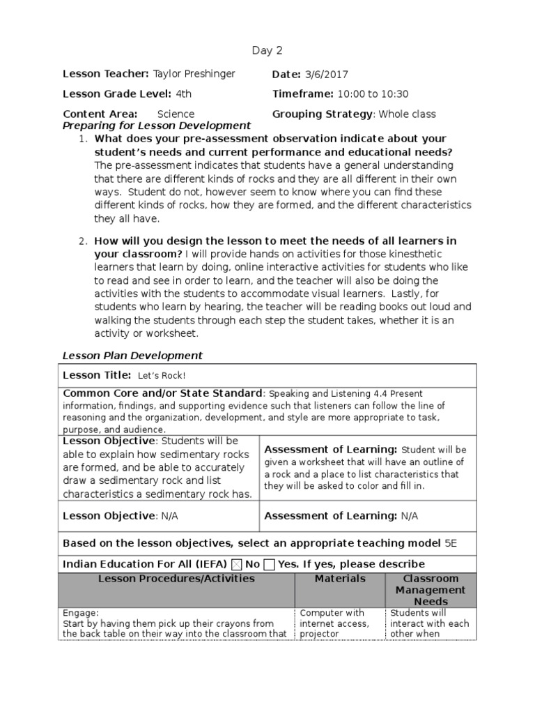 4th Grade Sedimentary Rock Lesson Plan | PDF | Quality Of Life ...