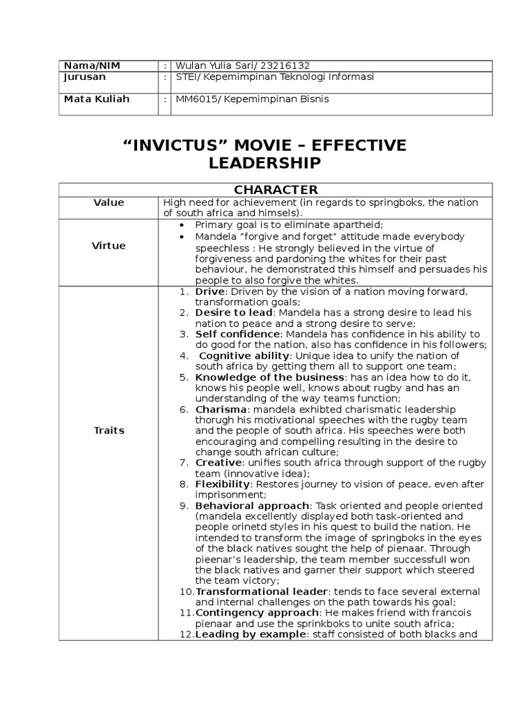 Effective Leadership - "Invictus" Movie Review | Download Free PDF ...