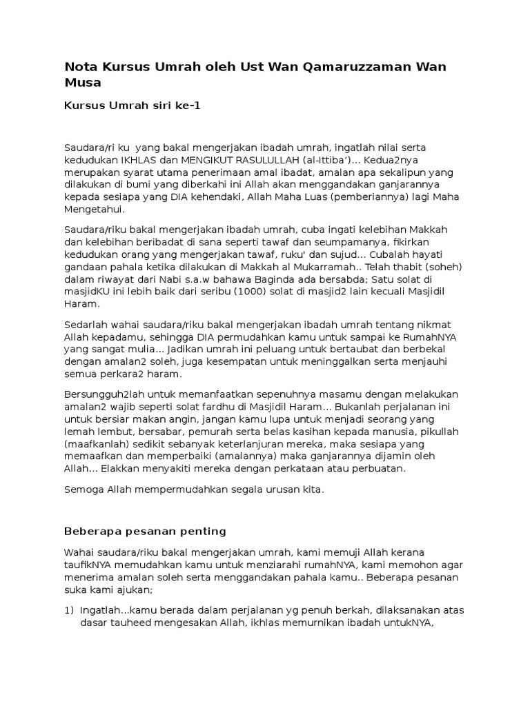 Nota Kursus Umrah Oleh Ust Wan Qamaruzzaman Wan Musa | PDF