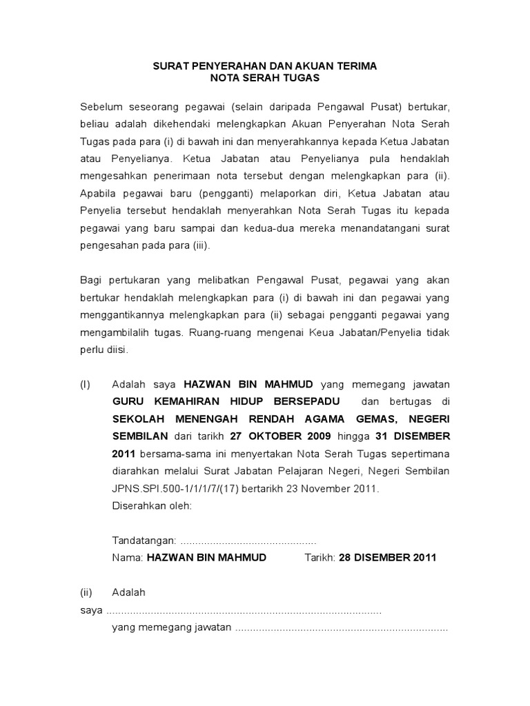 Contoh Nota Serah Tugas | PDF