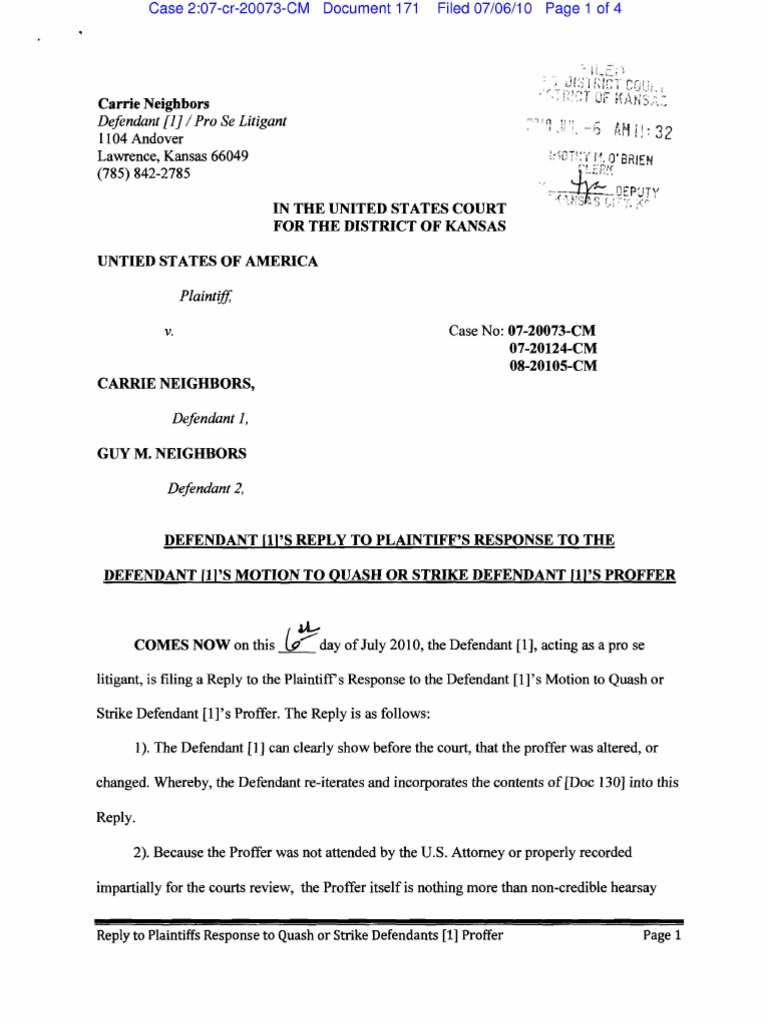 Reply to Motion to Quash Proffer | PDF | Pro Se Legal Representation In ...