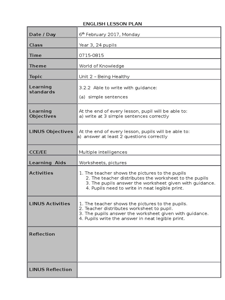 Year 3 English Lesson Plan: Being Healthy | PDF