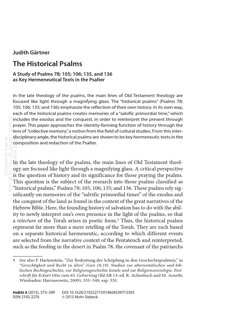 Gartner - The Historical Psalms As Hermeneutical Key To The Psalter ...