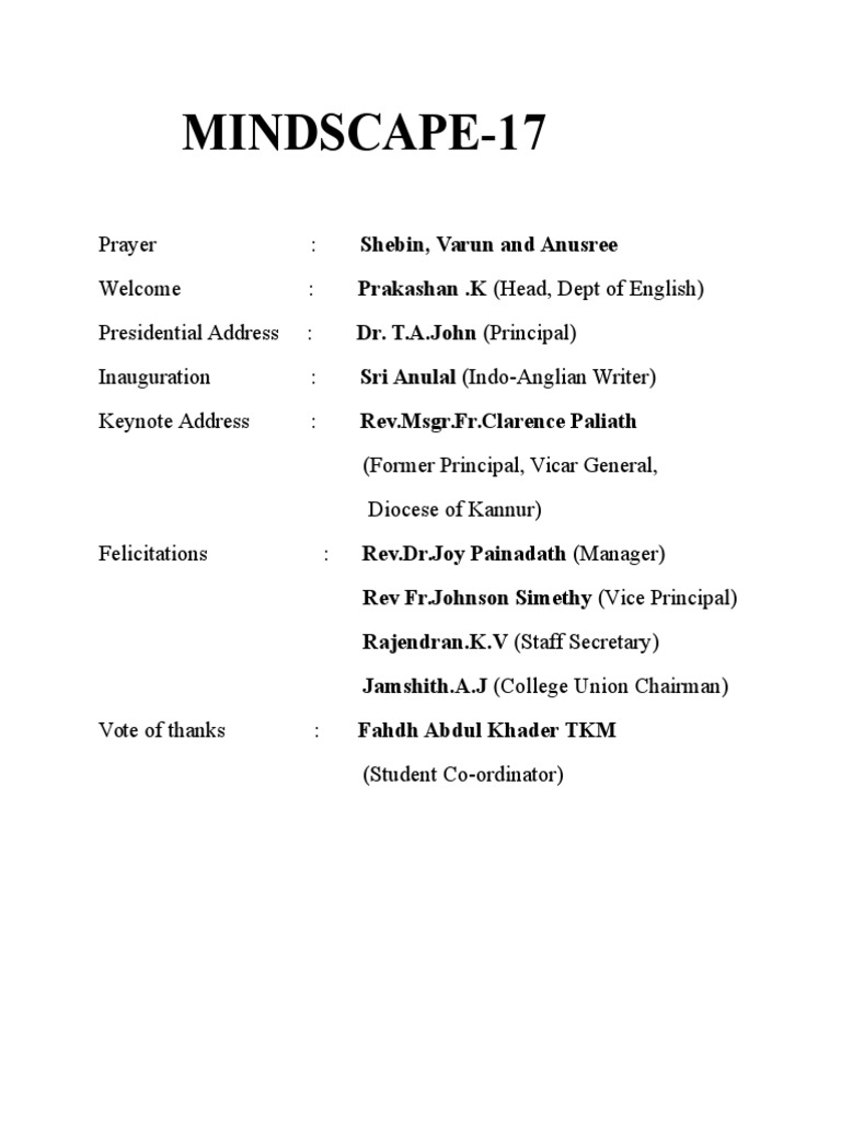 Mindscape-17: Jamshith.A.J (College Union Chairman) | PDF