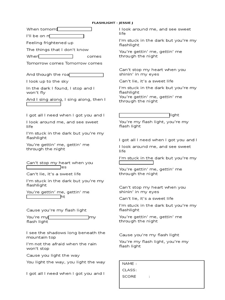 Flashlight - Jessie J: Name: Class: Score | PDF | Flashlight | Leisure