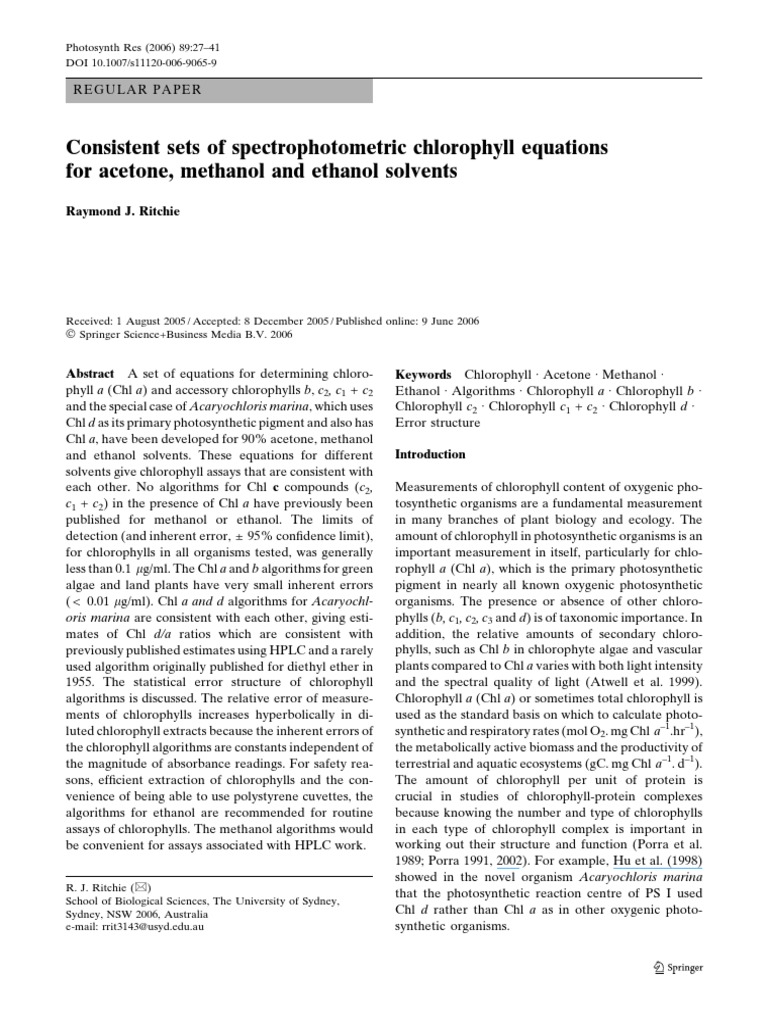 Consistent Sets of Spectrophotometric Chlorophyll Equations For Acetone ...