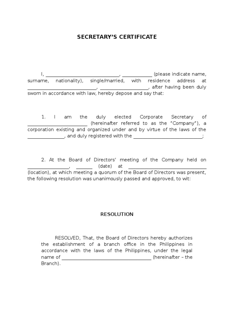 Sample Secretary's Certificate | PDF | Cheque | Banks