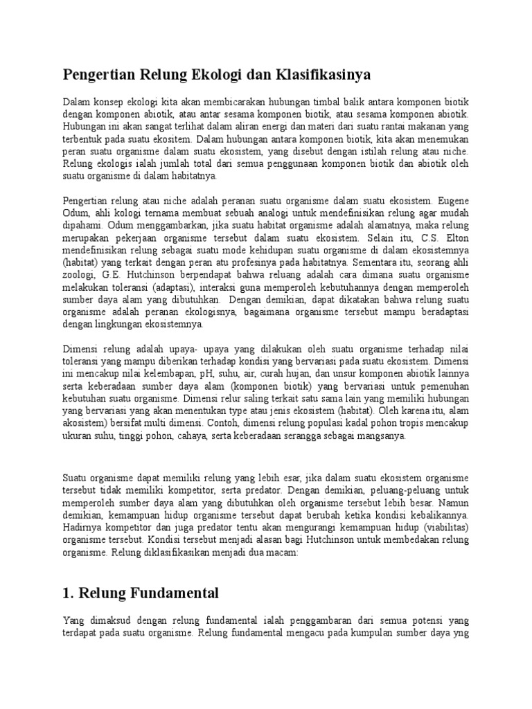 Pengertian Relung Ekologi Dan Klasifikasinya | PDF
