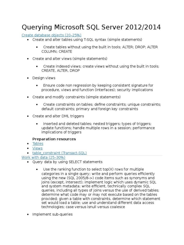 Querying Microsoft SQL Server 2012/2014: Create Database Objects (20-25%) | PDF | Computers