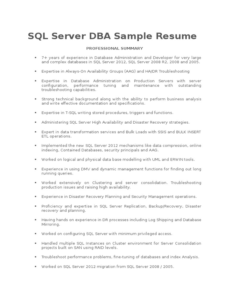 SQL Server DBA Sample Resume: Professional Summary | PDF | Microsoft ...