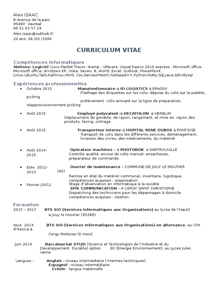 CV d'Alex Isaac - BTS SIO et Informatique | PDF | Microsoft | Informatique