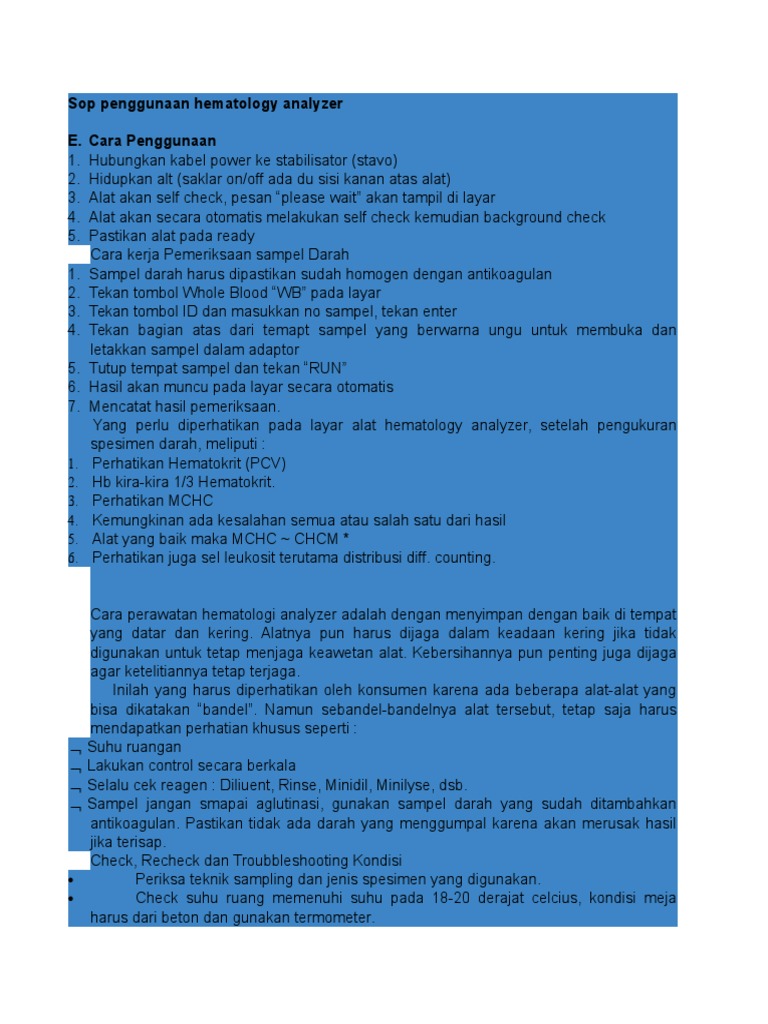 Sop Penggunaan Hematology Analyzer | PDF