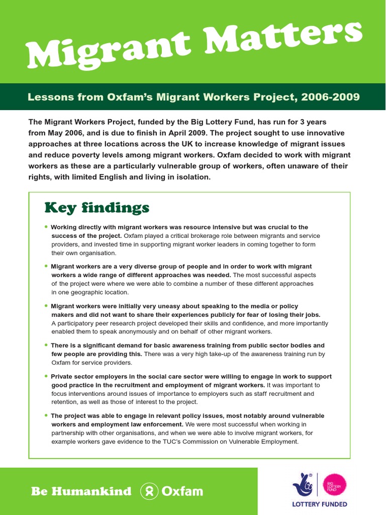 Migrant Matters: Lessons From Oxfam's Migrant Workers Project, 2006 ...