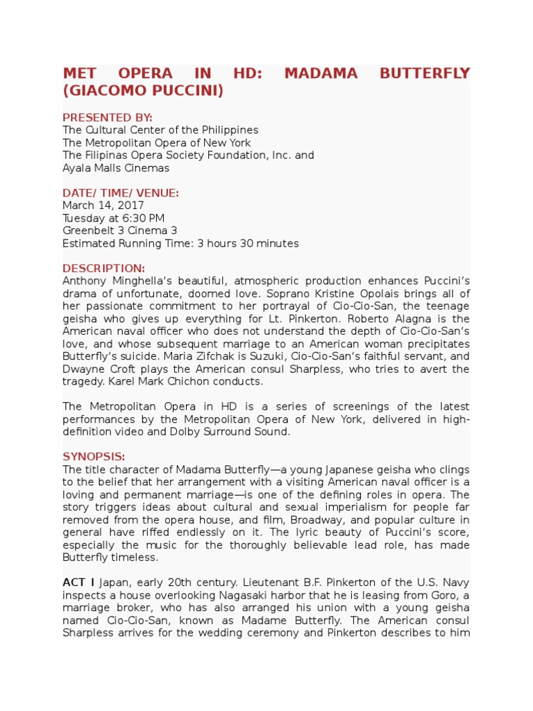 Madama Butterfly HD Screening Event | PDF | Vocal Musical Compositions ...