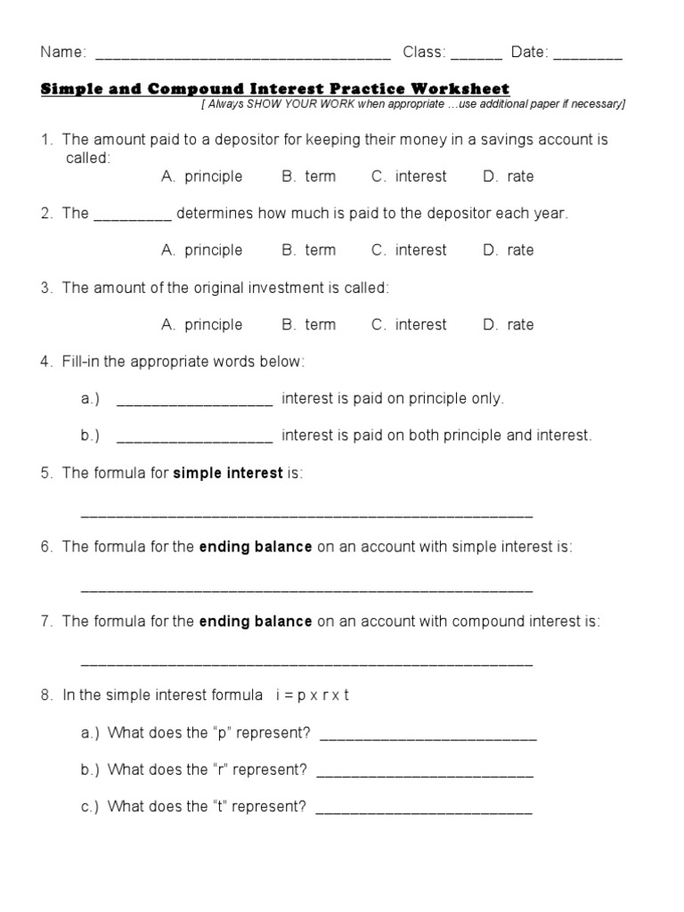 Simplecompound Interest Worksheet 18 Aug 2016 | PDF