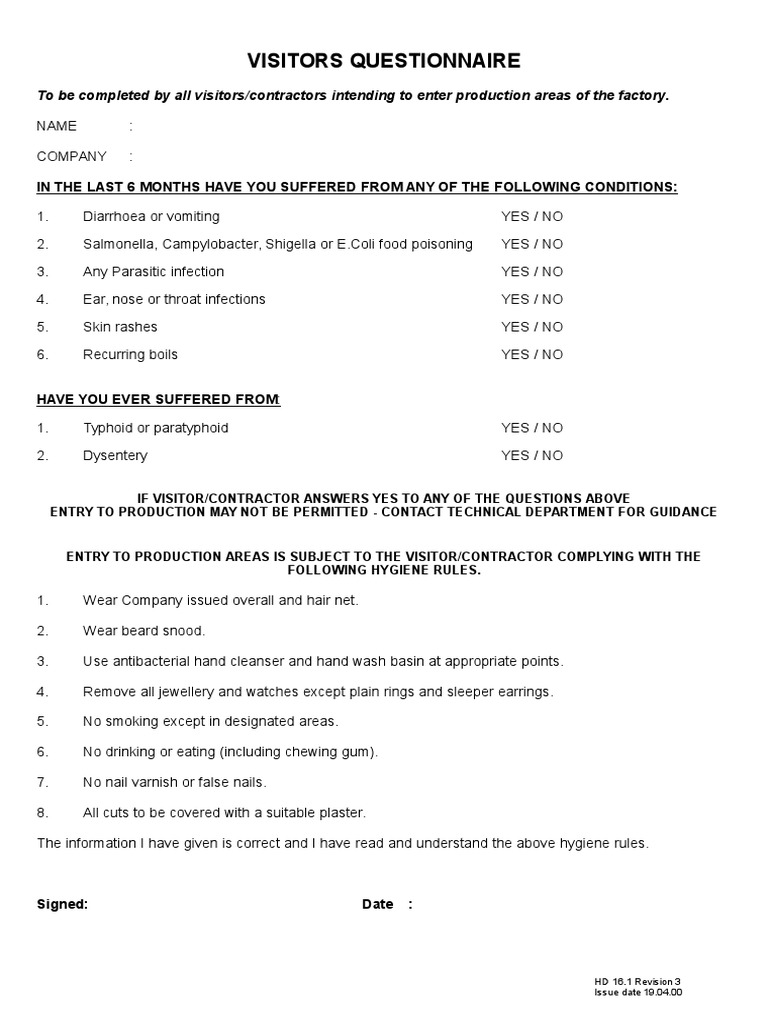 Visitor Health Screening and Hygiene Requirements for Production Areas ...