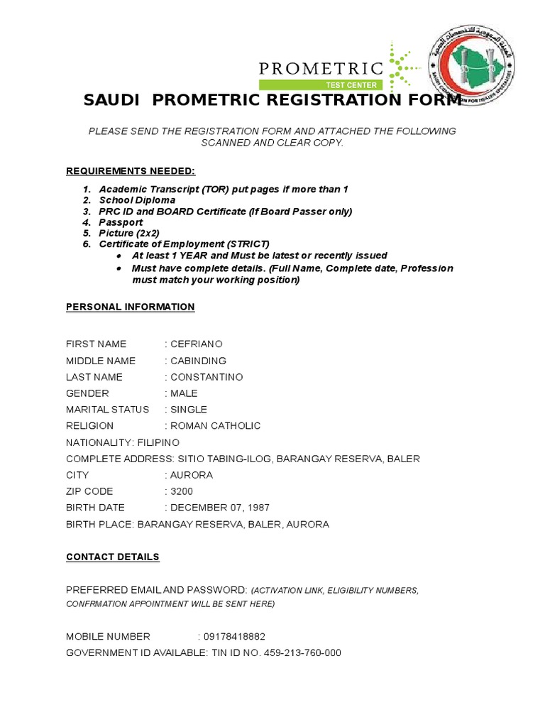 Saudi Prometric Requirements and Registration Form | PDF